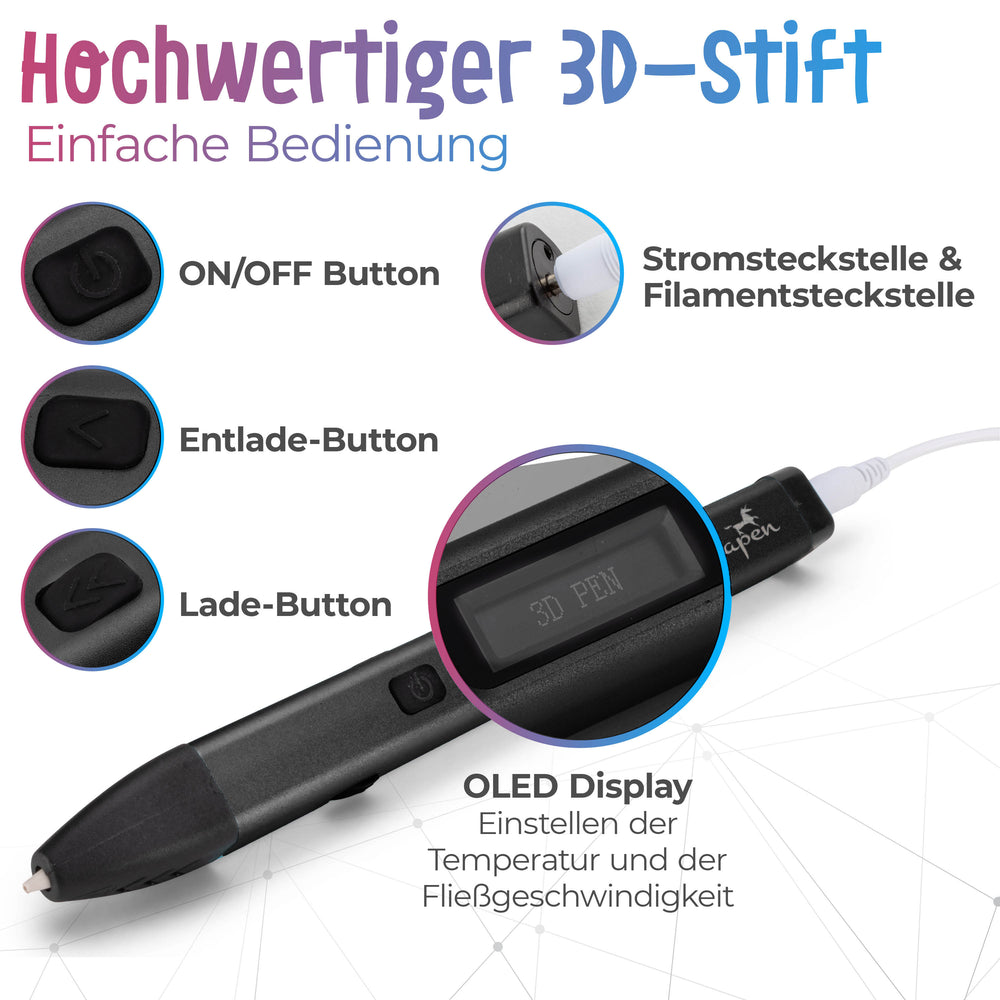 Premium 3D Druckerstift Set mit 10 Filamenten und Etui (Schwarz)